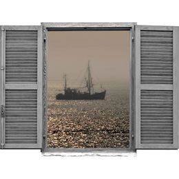 queence Wandtattoo &raquo;Schiff im Wasser&laquo; Wandsticker, Wandbild, selbstklebend, 3D, Fenster braun