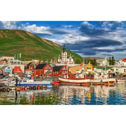 papermoon Fototapete &raquo;HUSAVIK ISLAND-BOOTE GEBIRGE DORF STEG BR&Uuml;CKE WALD BERG&laquo; bunt Vlies