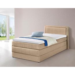 Hapo Boxspringbett mit Bettkasten beige Kopfteil, seitliche Unterbox und Obermatratze sind mit pflegeleichtem Feinstrukturstoff in Leinenoptik (100% 