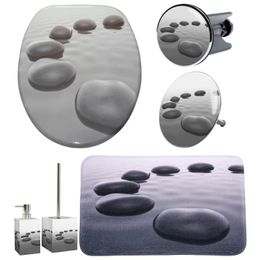 Sanilo Badaccessoire-Set &raquo;Black Stones&laquo; bestehend aus WC-Sitz, Badteppich, St&ouml;psel, Seifenspender, WC-B&uuml;rste grau MDF, Polyester, Polyresin (Kunststein)
