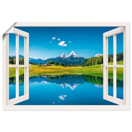 Artland &raquo;Fensterblick Alpen und Bergsee&laquo; Berge 1 Stk. tlg. als Leinwandbild, Poster in verschied. Gr&ouml;&szlig;en blau