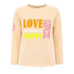 Zwillingsherz Damen Sweater &raquo;"Love Luck Happy"&laquo;, mit Used-Look Kanten und fr&ouml;hlicher Stickerei beige L/XL (L/XL)