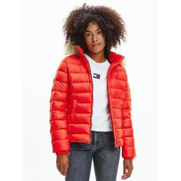 Tommy Jeans Damen &raquo;BASIC HOODED DOWN JACKET&laquo; mit Kapuze mit Fellimitat an der Kapuze & Logo-Flag rot XS (34)