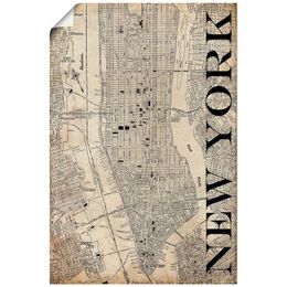 Artland Wandbild &raquo;New York Karte Stra&szlig;en Karte Grunge&laquo; Amerika 1 Stk. tlg. als Leinwandbild, Poster in verschied. Gr&ouml;&szlig;en beige