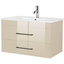 Welltime Waschtisch &raquo;Florenz Badm&ouml;bel Badschrank mit Waschbecken&laquo; Waschplatz mit 2 Ausz&uuml;gen und Softclose Breite 80cm beige MDF