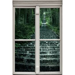 queence Wandsticker &raquo;Treppe im Wald&laquo; Wandsticker, Wandbild, selbstklebend, 3D, Fenster gr&uuml;n