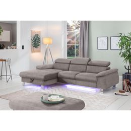 COTTA Ecksofa &raquo;Komaris L-Form, B: 244 cm&laquo; mit Kopfteilverstellung, optional Bettfunktion, Bettkasten & Licht grau Microfaser PRIMABELLE (100% 
