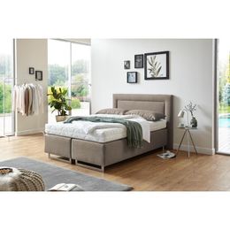 Westfalia Schlafkomfort Boxspringbett mit Zierkissen und verchromten Kufen, in diversen Ausf&uuml;hrungen beige Bezug Unterbox und Kopfteil: Feinstrukturstoff (77% Polyester, 23% 