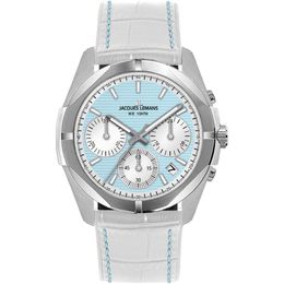 Jacques Lemans Damen Chronograph &raquo;Monte Carlo&laquo; Quarzuhr, Armbanduhr, Damenuhr, Datum, Stoppfunktion, Lederarmband wei&szlig;