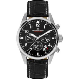Jacques Lemans Herren Chronograph &raquo;Barcelona&laquo; Quarzuhr, Armbanduhr, Herrenuhr, Datum, Stoppfunktion, Lederarmband schwarz