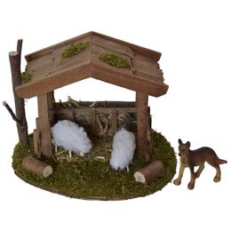 Krippen-Zubeh&ouml;r &raquo;Weihnachtsdeko&laquo; Unterstand mit Hund, Inkl. 2 Schafe braun Holzwerkstoff