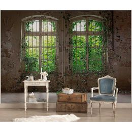 Livingwalls living walls Fototapete &raquo;Old Windows Vlies&laquo; glatt Fototapete Fenster mit Pflanzen Beige Grau Gr&uuml;n 3,50 m x 2,55 m bunt Vlies