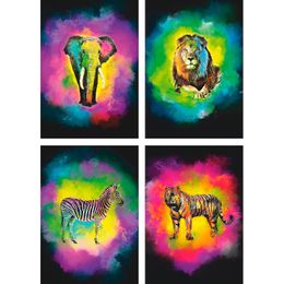 Artland Poster &raquo;Farbexplosion Elefant L&ouml;we Zebra Tiger&laquo; Wildtiere 4 Stk. tlg. Bilder Set, 4tlg., ohne Rahmen bunt