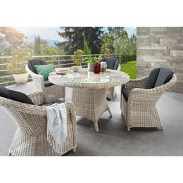 Destiny Garten-Essgruppe &raquo;MALAGA LUNA&laquo; Set, 1 Tisch &Oslash;, 4 Sessel, 5 Stk. tlg. (Set, 13-tlg., 4x Sessel, 1 Tisch &Oslash; 100x75 cm) Aluminium, Polyrattan wei&szlig; 