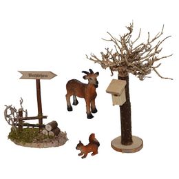 Krippen-Zubeh&ouml;r &raquo;Weihnachtsdeko&laquo; Bethlehemschild, Baum mit Vogelhaus, inkl. Ziege und Eichh&ouml;rnchen beige Holzwerkstoff, Polyresin