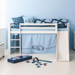 Hoppekids Hochbett &raquo;&laquo;Cars&raquo;&laquo; Rutsche & Vorhang Blau und viel Auswahl wei&szlig; Bett: 100% Massivholz, Nordische Kiefer;Rutsche: MDF;Vorhang: 100% Baumwolle