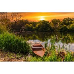 papermoon Fototapete &raquo;STRAND-SEE BOOT WALD SONNENUNTERGANG B&Auml;UME FLUSS IDYLLE&laquo; bunt Vlies
