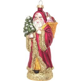 Christbaumschmuck &raquo;Santa mit Geschenkkorb & Baum&laquo; Christbaumschmuck, Glas, mundgeblasen, handgefertigt, Weihnachtsmann rot Glas