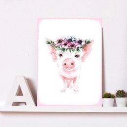 queence Metallbild &raquo;Galina&laquo; Blumen Schwein Tiere 1 Stk. tlg. Stahlschilder wei&szlig; Metall, Stahl