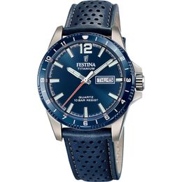 Festina Herren &raquo;Calendario Titanium&laquo; Armbanduhr, Herrenuhr, Lederarmband, analog, Tag, Wochentag blau