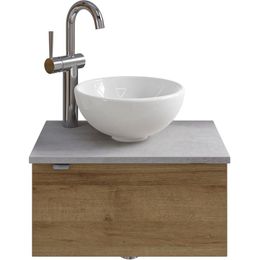 Waschtisch &raquo;Serie 6915 Waschschale mit Unterschrank f&uuml;r G&auml;stebad, G&auml;ste WC&laquo; Keramik-Aufsatzbecken, Waschtischplatte, Waschtischunterschrank, 3 Stk. 