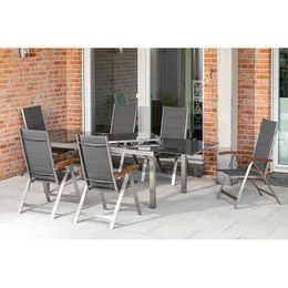 Merxx Garten-Essgruppe &raquo;Ferrara&laquo; 7 Stk. tlg. 6 Klappsessel mit ausziehbarem Tisch grau Edelstahl, FSC -zertifiziertes Massivholz, Polyester