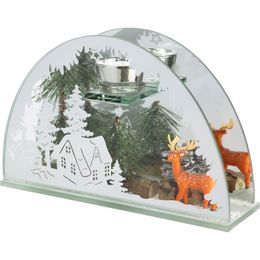 I.GE.A. Teelichthalter &raquo;Weihnachtsdeko, Kerzenhalter, Deko-Objekt&laquo; aus Spiegelglas, mit Hirsch-Deko in Winterlandschaft, H&ouml;he ca. 15 cm transparent 