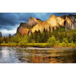 papermoon Fototapete &raquo;YOSEMITE TAL-FLUSS GEBIRGE WALD BERGE SONNE WASSERFALL&laquo; bunt Vlies