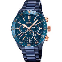 Festina Herren Chronograph &raquo;Keramik Kollektion&laquo; Armbanduhr, Quarzuhr, Herrenuhr, Stoppfunktion, Edelstahlarmband blau
