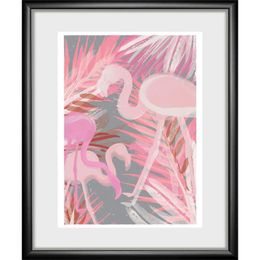 queence Bild &raquo;Flamingo&laquo; Flamingos Pflanzen Pflanzenbilder Vogelbilder V&ouml;gel HD Premium Poster-Druck inkl. Holzrahmen bunt Acrylglas, Holz, Papier