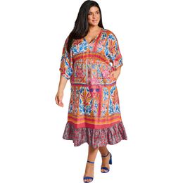 sheego loves miss goodlife Damen Blumenkleid mit luftigen Halb&auml;rmeln orange-mittelblau-bedruckt Gr&ouml;&szlig;e 54