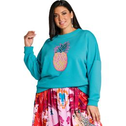 sheego loves miss goodlife Damen Sweatshirt mit Frontprint t&uuml;rkis-pink-bedruckt Gr&ouml;&szlig;e 42