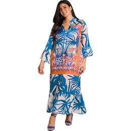 sheego loves miss goodlife Damen Volantkleid in Maxil&auml;nge ecru-mittelblau-bedruckt Gr&ouml;&szlig;e 50