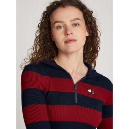 Tommy Jeans Damen Kapuzenpullover &raquo;TJW STRIPE 1/4 ZIP HOOD SWEATER&laquo; mit Streifen-Muster, Logo-Flag blau L (40)