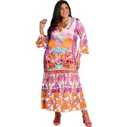 sheego loves miss goodlife Damen Stufenkleid in Maxil&auml;nge ecru-violett-bedruckt Gr&ouml;&szlig;e 40