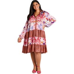 sheego loves miss goodlife Damen A-Linien-Kleid mit stufigem Volant ecru-lila-bedruckt Gr&ouml;&szlig;e 42