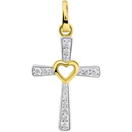 Firetti Damen Kreuzanh&auml;nger &raquo;Schmuck Geschenk Gold 375 Halsschmuck Anh&auml;nger Kreuz mit Herz&laquo; () mit Zirkonia (synth.) gold