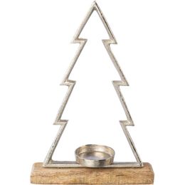 Creativ deco Teelichthalter &raquo;Weihnachtsdeko&laquo; auf hochwertiger Mangoholzplatte, in Tannenbaum-Form, H&ouml;he ca. 34 cm silber Aluminium, Holz teilmassiv