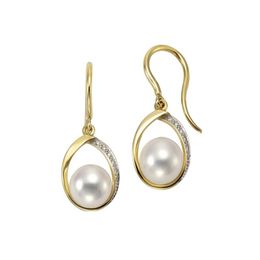 OROLINO Damen Paar Ohrhaken &raquo;585 Gold Perlen wei&szlig; 7,5-8mm + 14x Brillant 0,04ct.&laquo; gelb