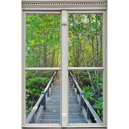 queence Wandsticker &raquo;Br&uuml;cke im Wald&laquo; Wandsticker, Wandbild, selbstklebend, 3D, Fenster gr&uuml;n