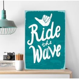 queence Metallbild &raquo;Ride the Wave&laquo; Motivationsbilder Schriftzug Schriftz&uuml;ge 1 Stk. tlg. Stahlschilder wei&szlig; Metall, Stahl