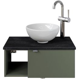 Waschtisch &raquo;Serie 6915 Waschschale mit Unterschrank f&uuml;r G&auml;stebad, G&auml;ste WC&laquo; Keramik-Aufsatzbecken, Waschtischplatte, Waschtischunterschrank, 3 Stk. 