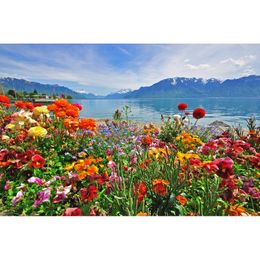 papermoon Fototapete &raquo;BLUMEN-DESIGN NATUR LANDSCHAFT GEBIRGE BERGE ALPEN SEE&laquo; bunt Vlies