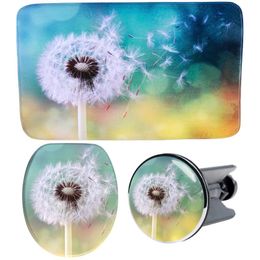 Sanilo Badaccessoire-Set &raquo;Pusteblume&laquo; bestehend aus WC-Sitz, Badteppich und Waschbeckenst&ouml;psel blau Polyester, Polyresin (Kunststein)