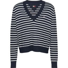 Tommy Jeans Damen Strickpullover &raquo;TJW ESSENTIAL VNECK SWEATER EXT&laquo; mit Logostickerei blau XS (34)