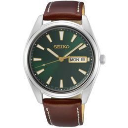 Seiko Herren Quarzuhr Armbanduhr, Herrenuhr, Damenuhr, Datum, Saphirglas, Lederarmband braun