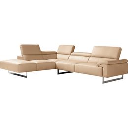 Egoitaliano Ecksofa &raquo;Malika, elegant und bequem, Designsofa, L-Form&laquo; mit Ottomane, inkl. Kopfteilverstellung und chromfarbenen Metallf&uuml;&szlig;en beige Leder &raquo;BULL&laquo; (