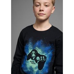 Kidsworld Jungen Kidsworld Langarmshirt &raquo;GAMER&laquo; Gamer-Shirt Langarm, Basic-Passform, mit trendigem Aufdruck schwarz 152/158