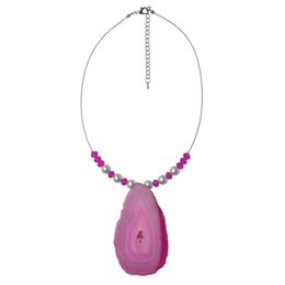 Steuer Damen Kette mit Anh&auml;nger &raquo;Drahtcollier silberfarben Perlen wei&szlig; und Achatscheibe pink&laquo; pink