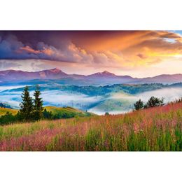 papermoon Fototapete &raquo;Blumen mit Windm&uuml;hle&laquo; bunt Vlies